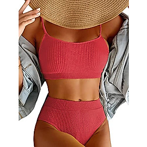 MakeMeChic Women's Ribbed High Waisted Bikini Sets Swimsuit Bathing Suit Watermelon Pink XL