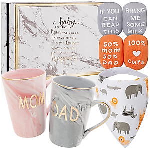 New Parents Pregnancy Gifts for First Time Moms and Dads Includes Premium Gift Basket with Mom and Dad Mugs 14 oz - Expecting Mother to be - Welcome Baby Shower Gender Reveal