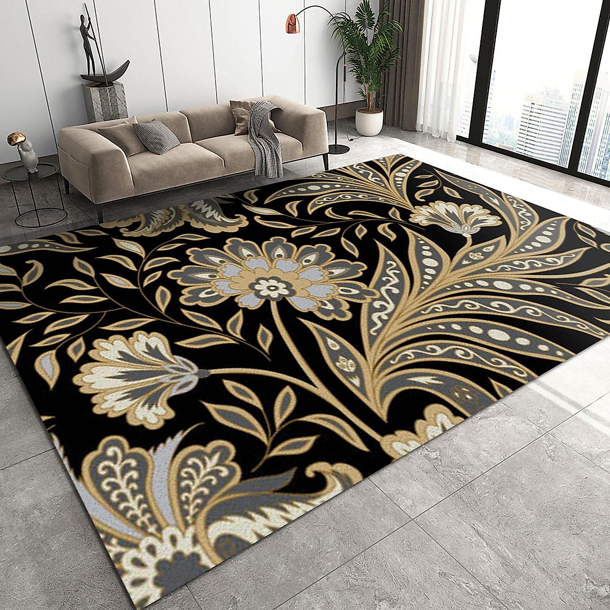 Luxury Abstract Leaves Floral Area Rugs, Black Background Brown Plants Living Room Rug, Soft Cozy Breathable Washable Entryway Rug for Dining Room Bedroom Bedside Indoor Runner, 2x3ft