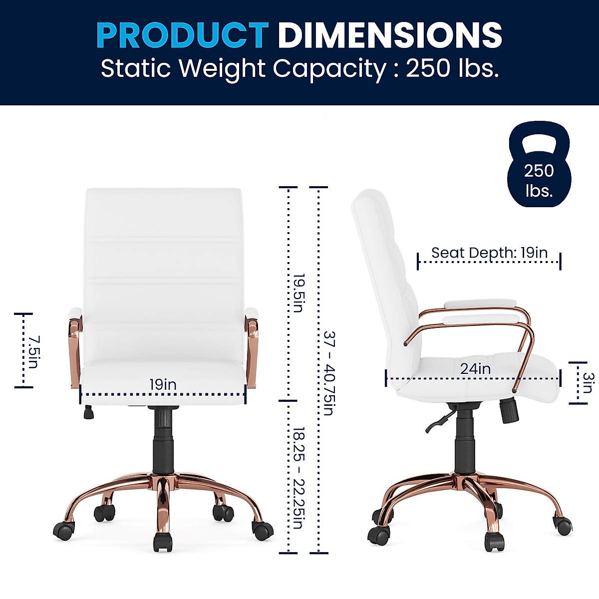 EMMA + OLIVER Mid-Back White LeatherSoft Executive Swivel Office Chair - Rose Gold Frame/Arms