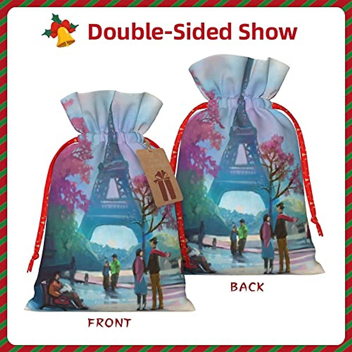 Drawstrings Christmas Gift Bags Spring-Eiffel-Tower-France Presents Wrapping Bags Xmas Gift Wrapping Sacks Pouches Medium