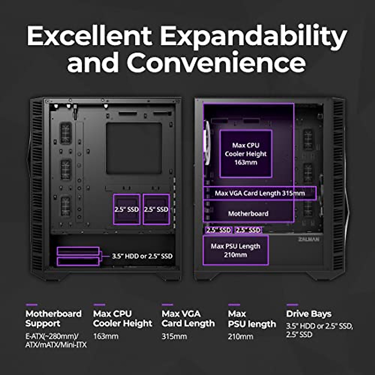 Zalman Z3 Iceberg ATX Mid Tower Gaming PC Case - 2 x 120mm ARGB Fans Preinstalled - Tempered Glass Side Panel - Support E-ATX, 2 x USB 3.0, Black