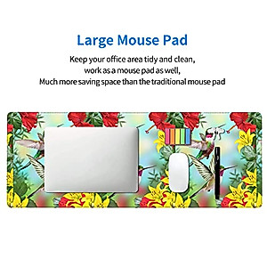 Hummingbirds On Hibiscus and Yellow Lilies Gaming Mouse Pad XL,Extended Stitched Edges Mousepad,Large Mouse Pads Desk Pad,Long Non Slip Rubber Base Desk Mat for Work,Office,Home,Computer,Laptop