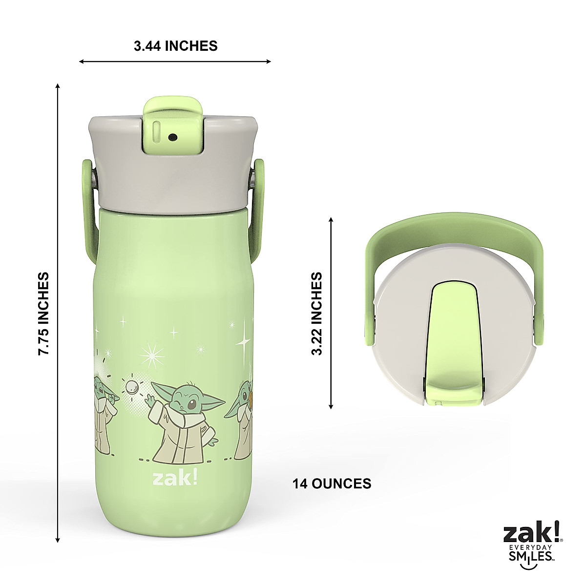 Zak Designs Harmony Star Wars The Mandalorian Kid Water Bottle for Travel or At Home, 14oz Recycled Stainless Steel is Leak-Proof When Closed and Vacuum Insulated (Baby Yoda, Grogu)