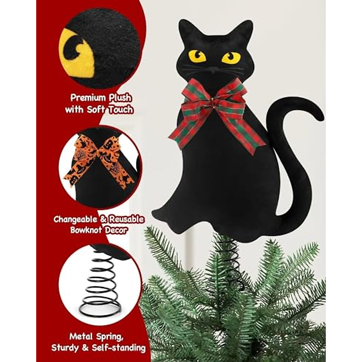 Black Cats Christmas Tree Topper with Stand and Changeable Bows Halloween Xmas Tree Ornament Winter Holidays Home Decorations Cat Lovers Gift Ideas