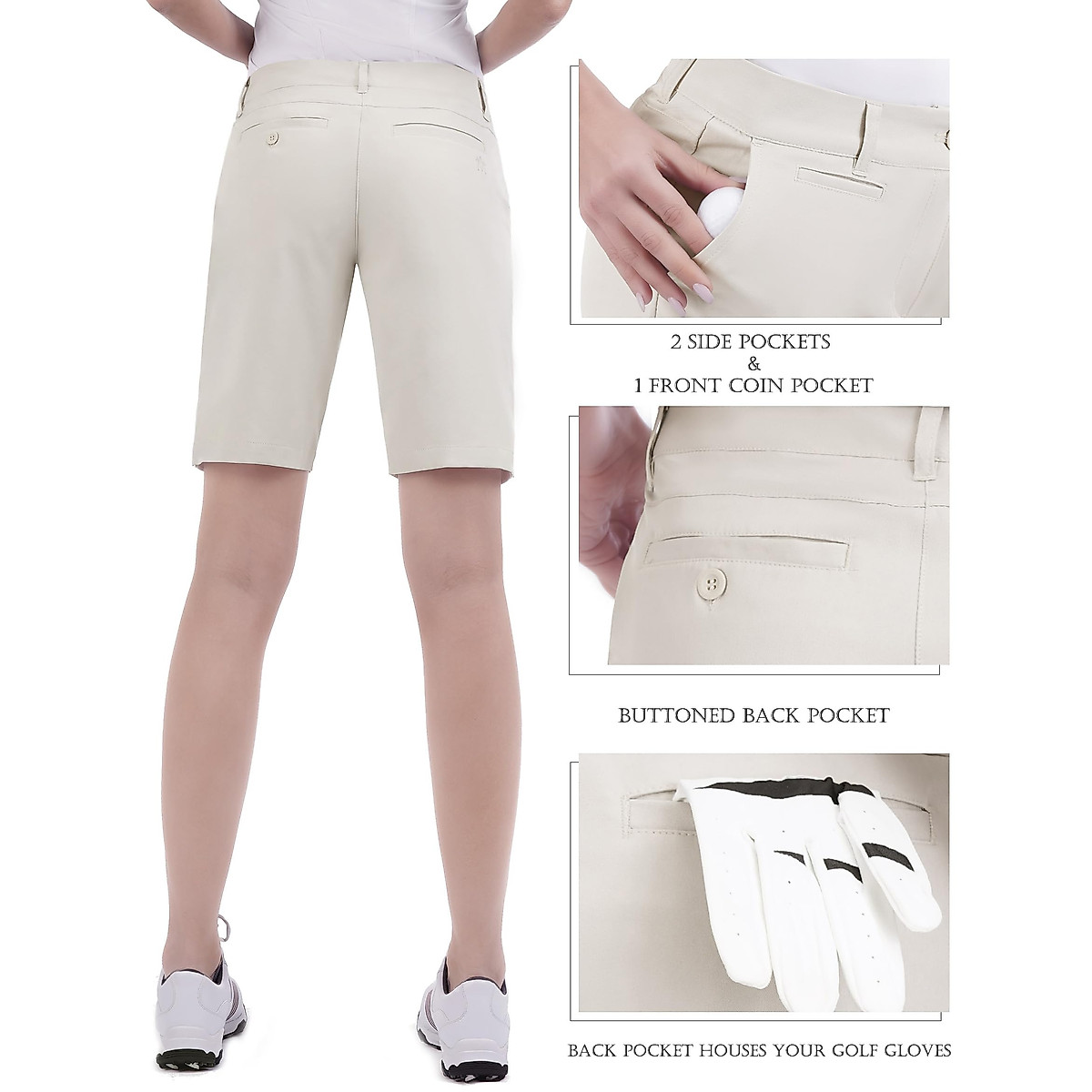 Women's Golf Shorts Relaxed Fit Stretch Bermuda Shorts Knee Length Tech Twill Ladies Golf Shorts Size 6 Beige