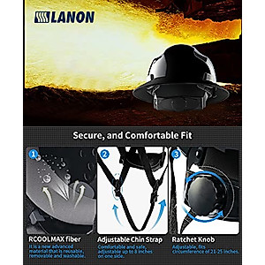 LANON Black Full Brim Hard Hat, OSHA Construction Work Approved, HDPE Safety Helmet with 4 Point Adjustable Ratchet Suspension, Class E, G & C