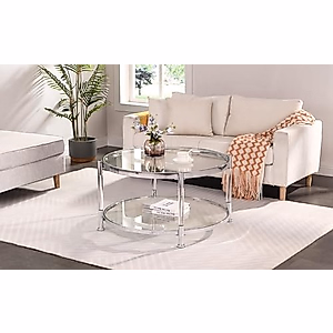 Round Coffee Table with Silver Metal Base, 2-Tier Acrylic Clear Glass Coffee Table with Storage Shelf, Center Table Modern Coffee Table Tea Table Cocktail Table Living Room Table, Circle Coffee Table