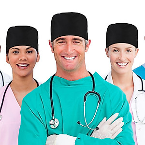 Yahenda 12 Pcs Surgical Working Caps Bulk with Button and Sweatband Adjustable Bouffant Hats Elastic Bandage Tie Back Nurse Scrub Cap for Women Men, Black