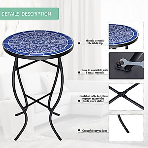 VCUTEKA Mosaic Outdoor Side Table - Small Patio Table Coffee Table Outside Accent Table Round End Plant Table for Bistro Balcony Porch Outdoor Benches 14'' Mosaic Table Blue