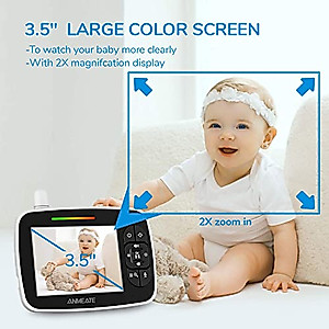 ANMEATE Baby Monitor with Remote Pan-Tilt-Zoom Camera, 3.5” Large Display Video Baby Monitor with Camera and Audio |Infrared Night Vision |Two Way Talk | Room Temperature| Lullabies and 960ft Range