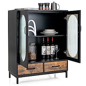 LOKO Buffet Cabinet with Storage, Kitchen Sideboard Cabinet with Tempered Glass Doors and Drawers, Industrial Style Cupboard Credenza Storage Cabinet, 31.5 x 16 x 39.5 inches