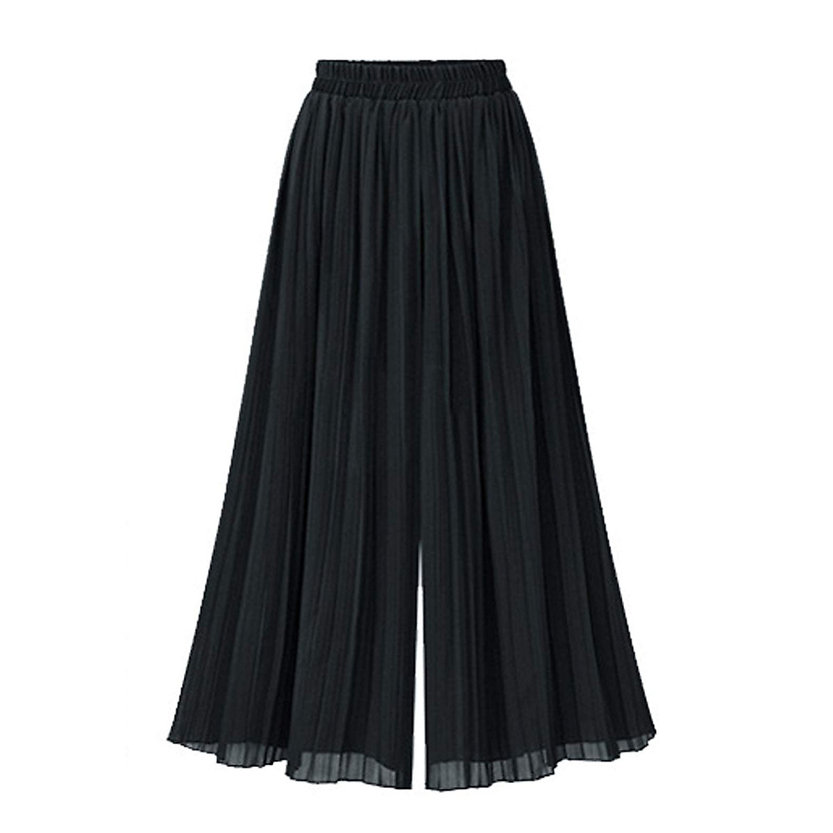 chouyatou Women's Elastic Waist A-Line Pleated Chiffon Cropped Wide Leg Pants Culottes (Large, Black)