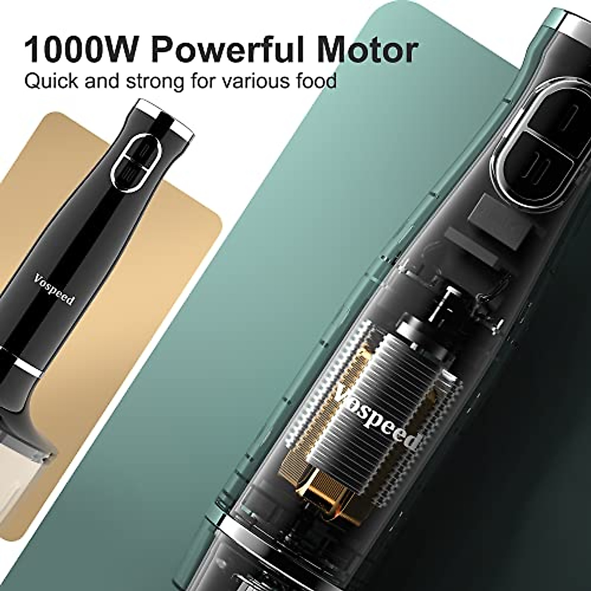 Immersion Blender, Vospeed 1000 Watt 4-in-1 Hand Blender with Chopper, Whisk, 600ml Mixing Beaker, Electric Stick Blender with Two Speed Adjustable, Ergonomic handle, Detachable