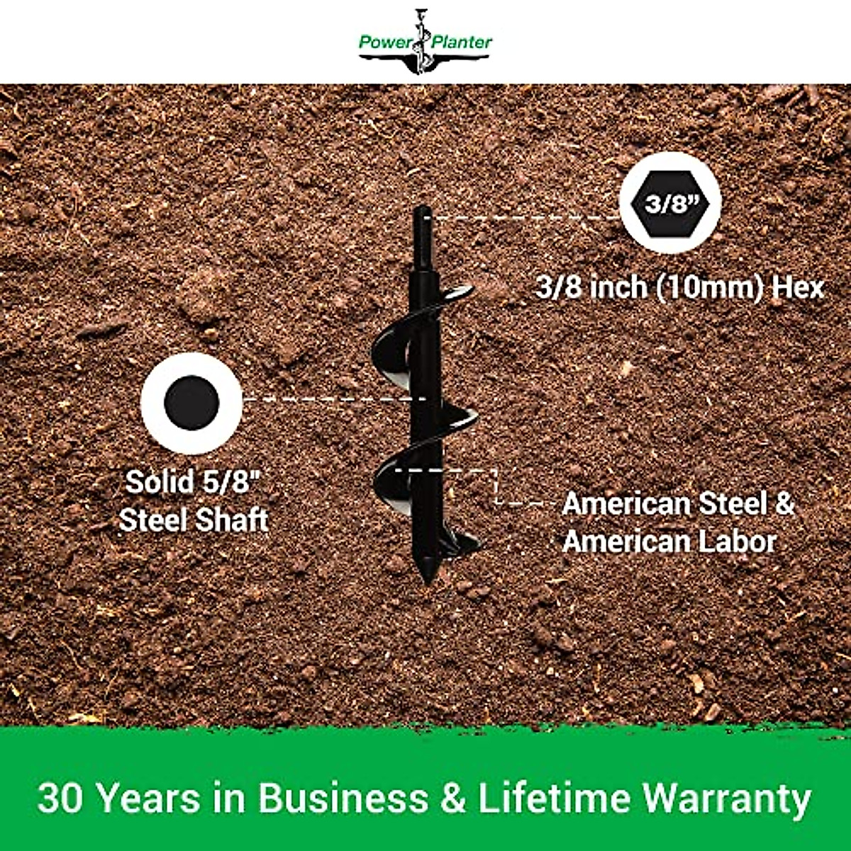 Power Planter Flower Planting Auger & Grass Plug Tool - Compact Auger Drill Bit for Planting Flowers & Grass Plugs - Garden Digging Tool for Soil & Sand - 2" x 7" Long with 3/8" Non-Slip Hex Drive