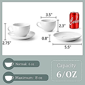Yedio Porcelain Coffee Cups Set with Saucer, 6 Ounce White Porcelain Cup and Saucer Set for Cappuccino, Coffee Latte, Coffee drinks and Tea, Set of 6