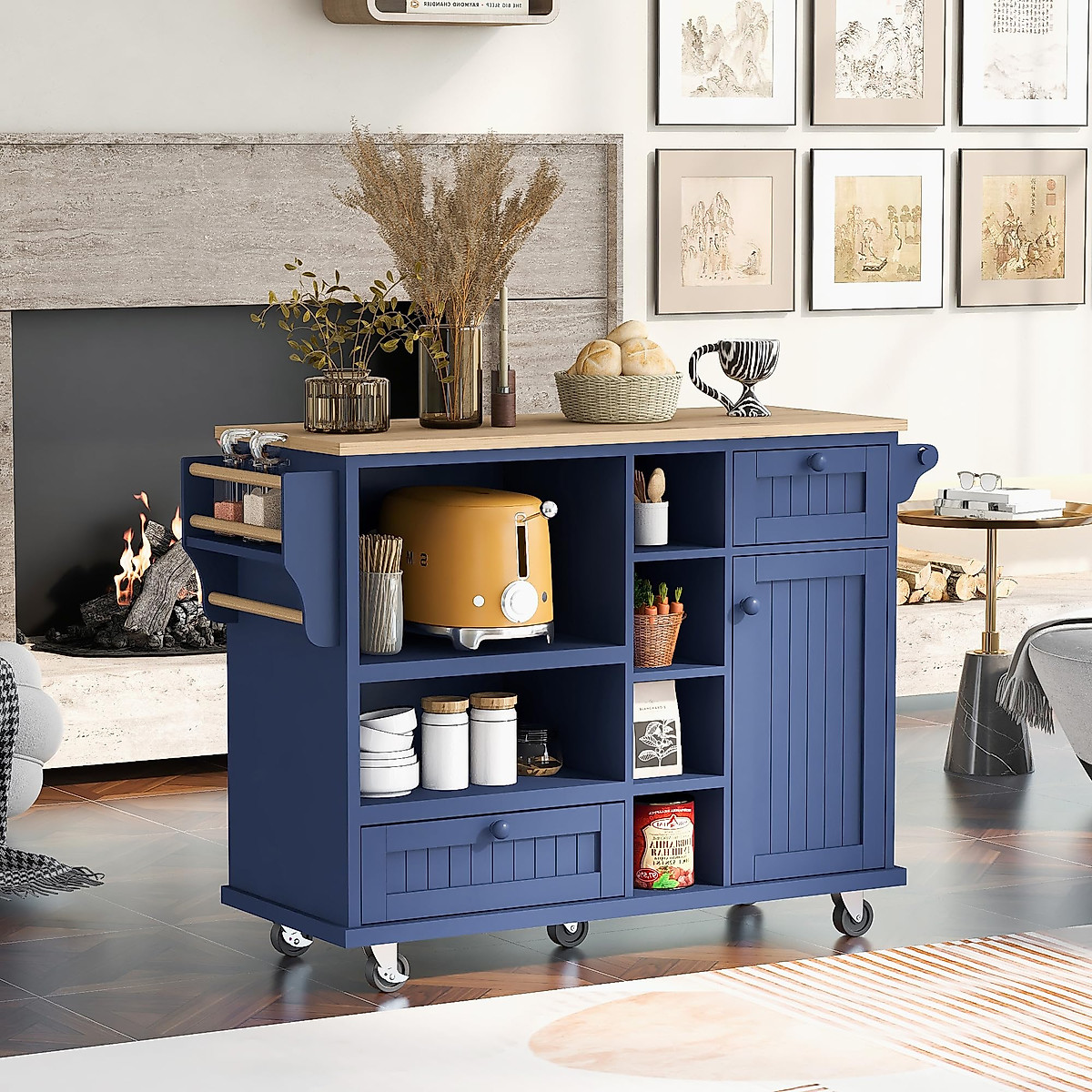 Polibi Kitchen Island Cart,Kitchen Island Table with Storage/Two Locking Wheels/Solid Wood Desktop,Microwave Cabinet,Floor Standing Buffet Server Sideboard for Kitchen Room,Dining Room(Dark Blue)