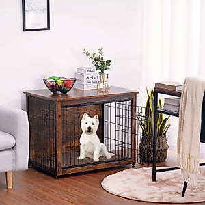 DWANTON Dog Crate Furniture with Cushion, Wooden Dog Crate with Double Doors, Dog Furniture, Dog Kennel Indoor for Small/Medium/Large Dog，End Table, Small, 27.2" L, Rustic Brown