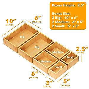 SpaceAid 6 Pcs Bamboo Drawer Organizer Storage Box Set, Multi-Use Drawer Organizer Bin for Kitchen, Bathroom, Office Desk and Makeup (6 Boxes)