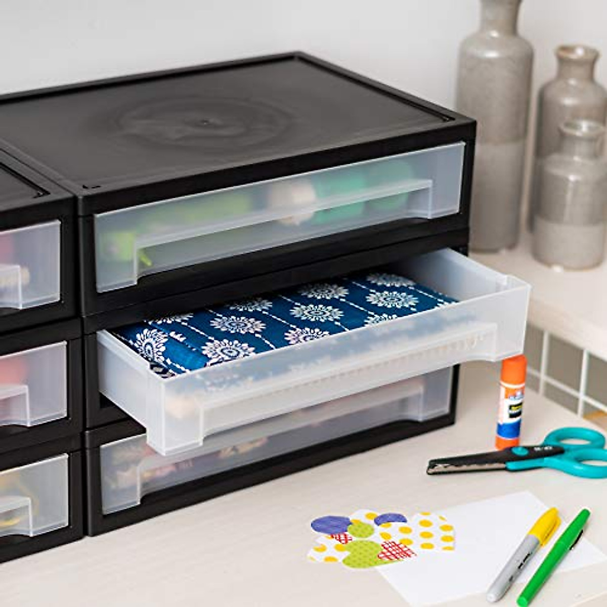 IRIS USA Medium Desktop Stacking Drawer, 6-Pack, Sliding Plastic Drawer Storage Container for Stationery Art Craft Supplies Fabric Tools Kitchen Pantry Office and Garage Organization, Black