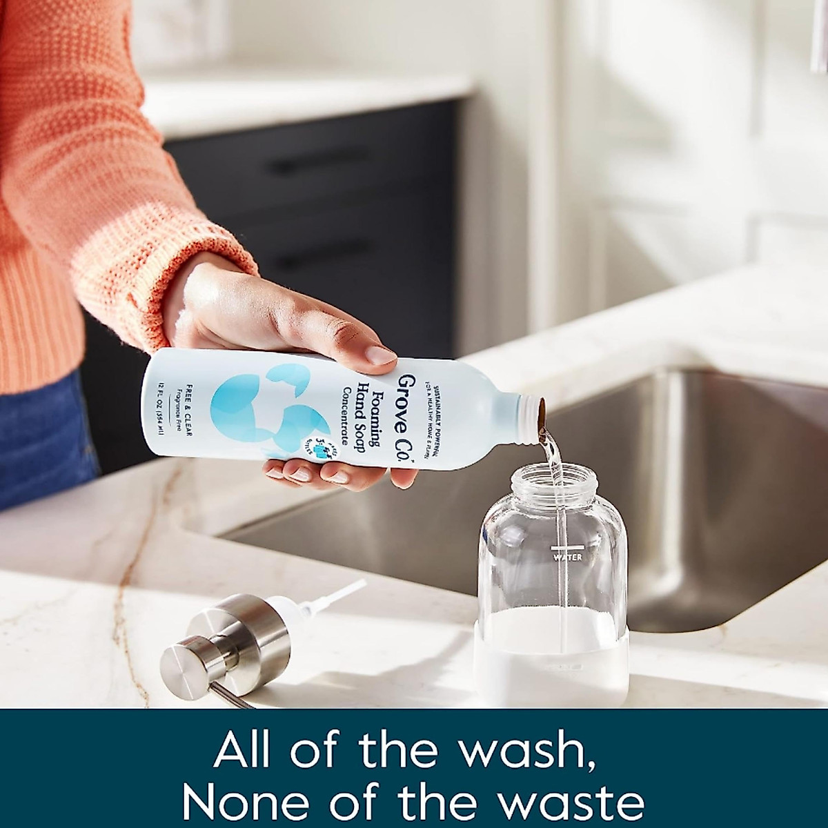 Grove Co. Foaming Soap Dispenser, 2 x Refillable Glass Bottles with Stainless Steel Pump, Reusable Liquid Hand Soap Set for Kitchen or Bathroom, Square Base, Reduce Plastic Waste