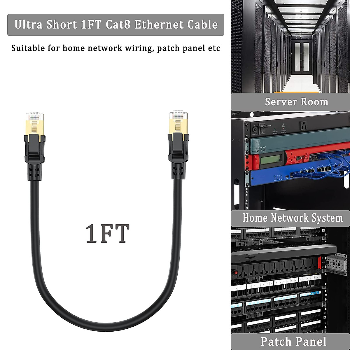 UVOOI Cat8 Ethernet Cable 1FT 2-Pack, High Speed Ethernet Cable Cat 8 SFTP Internet Network Patch Cord Short Cable 40Gbps 2000Mhz for Patch Panel, Home Network, Cable Management, Router, Modem