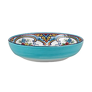 Euro Ceramica Zanzibar Collection Pasta Bowl Sets, Set of 4, Spanish Floral Design, Multicolor Blue