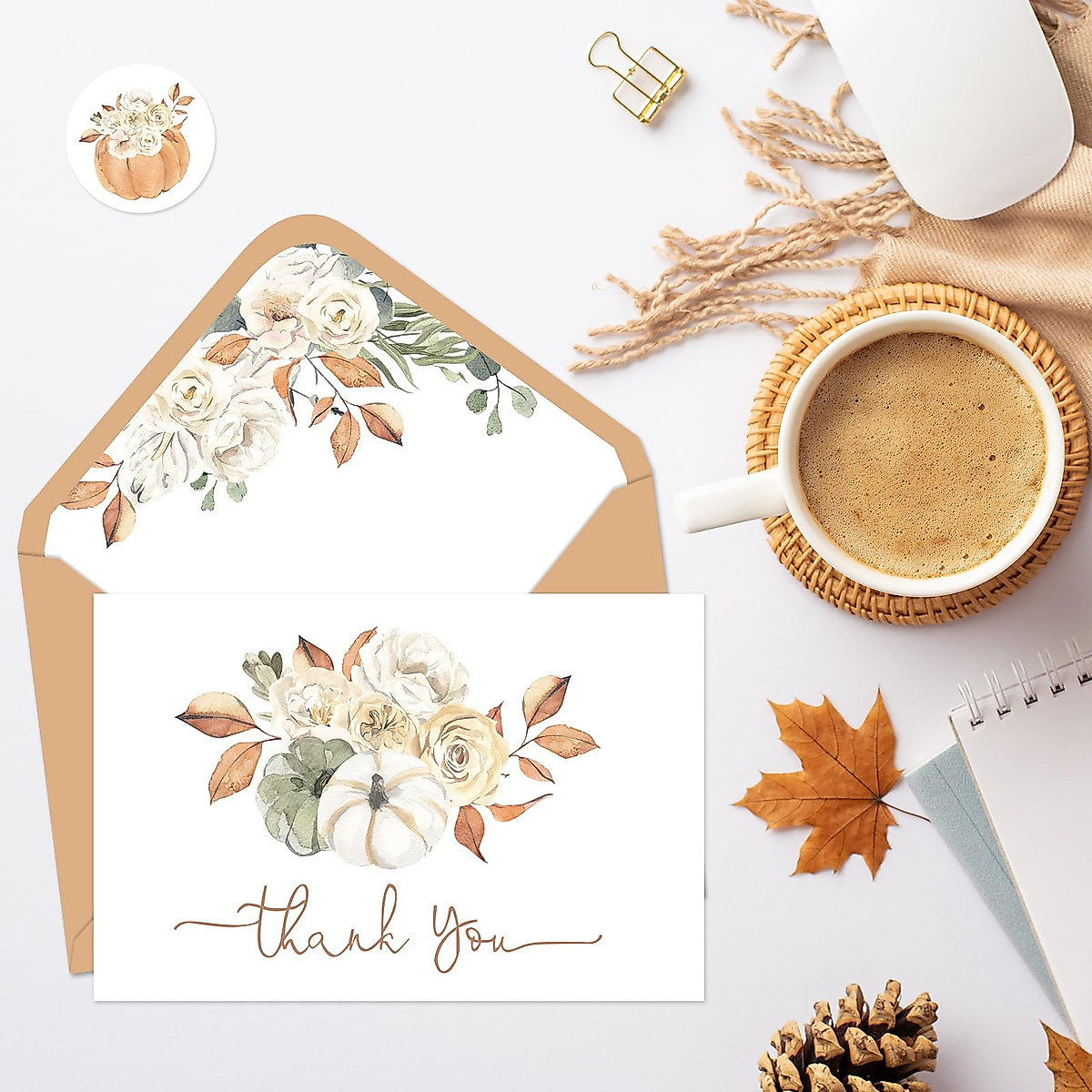Whaline 50 Pack Fall Thank You Cards Bulk Watercolor Autumn Floral Pumpkin Note Cards with Envelopes Stickers Retro Blank Cards for Thanksgiving Harvest Wedding Baby Bridal Shower