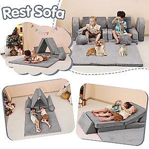 AiWMGL Nugget Couch Kids Grey with Crawl Tunnel Convertible Play Mat, Modular Play Couch for Toddlers 1-3, Kids Couch Building Fort 1-10 Years, Floor Soft Foam Sofa for Toddler