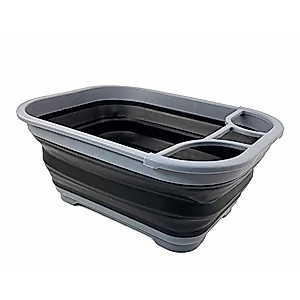 SAMMART 15L (3.96 Gallons) Collapsible Plastic Dish Drainer - Foldable Drying Rack - Portable Dinnerware Organizer - Space Saving Storage Tray for Kitchen, Camping (Grey/Black)