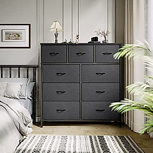 YITAHOME Dresser for Bedroom with 9 Drawers - Fabric Storage Tower, Tall Chest Organizer Unit for Living Room, Nursery, Entryway, Closets with Sturdy Steel Frame, Wooden Top, Black Grey