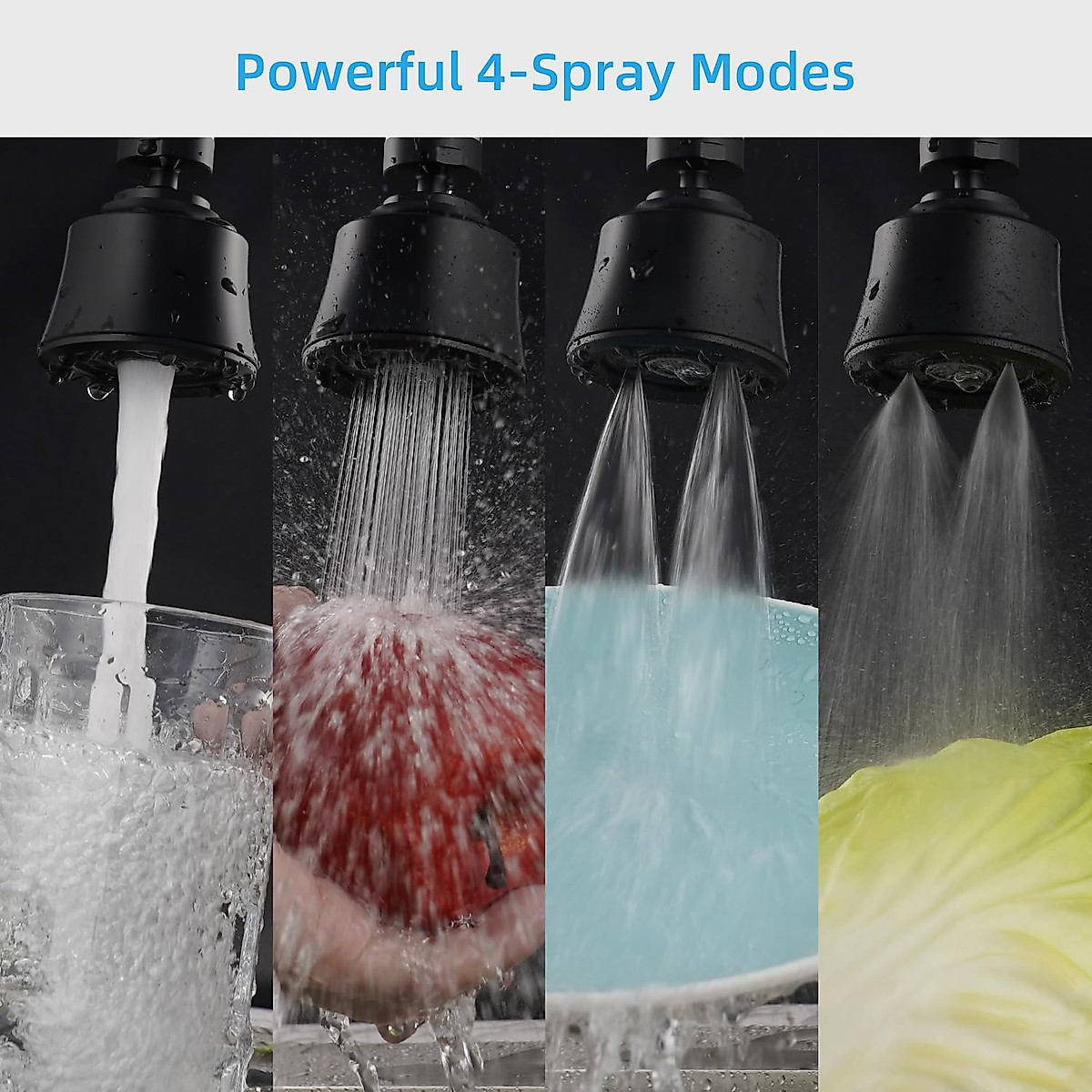 iFealClear Sink Faucet Aerator, Big Angle Swivel Faucet Sprayer Head, 360 Degree Kitchen Sink Faucet with 4 Spray Modes, Female and Male Thread Adapters Included, Matte Black