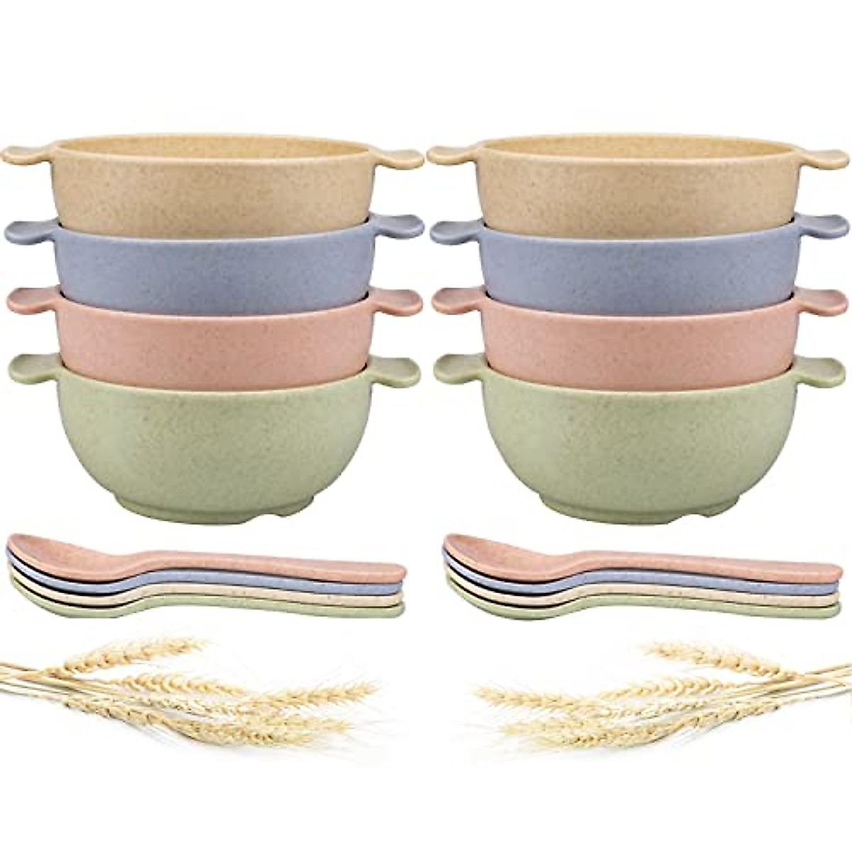 Nicunom 13 OZ Unbreakable Kids Plastic Bowls with Spoons, Reusable Cereal Bowl Wheat Straw Snacks Small Bowl Sets for Baby Kids Toddler, Microwave Dishwasher Safe,