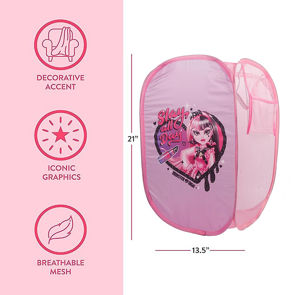 Monster Pop-Up Laundry Hamper - SpookyHamper with Double Handles, Foldable, 8 Unique Designs (Pink), mhpoh00000