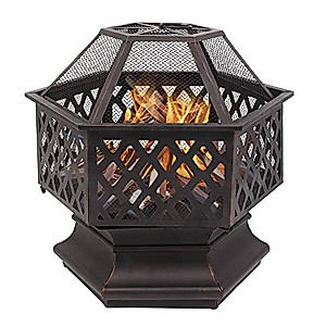 Fire Pits 22" Multifunctional Fire Pit Bowl, Hexagonal Shaped Iron Burning Outdoor Firepit Steel BBQ Grill Fire Bowl for Camping Patio Backyard Garden Picnic Bonfire