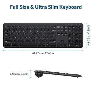 OMOTON Wireless Keyboard, 2.4G Silent Computer Keyboard, Ultra Slim Full Size Ergonomic Keyboard with Numeric Keypad and Media Hotkeys Compatible with Windows, PC, Computer, Notebook, Laptop, Black