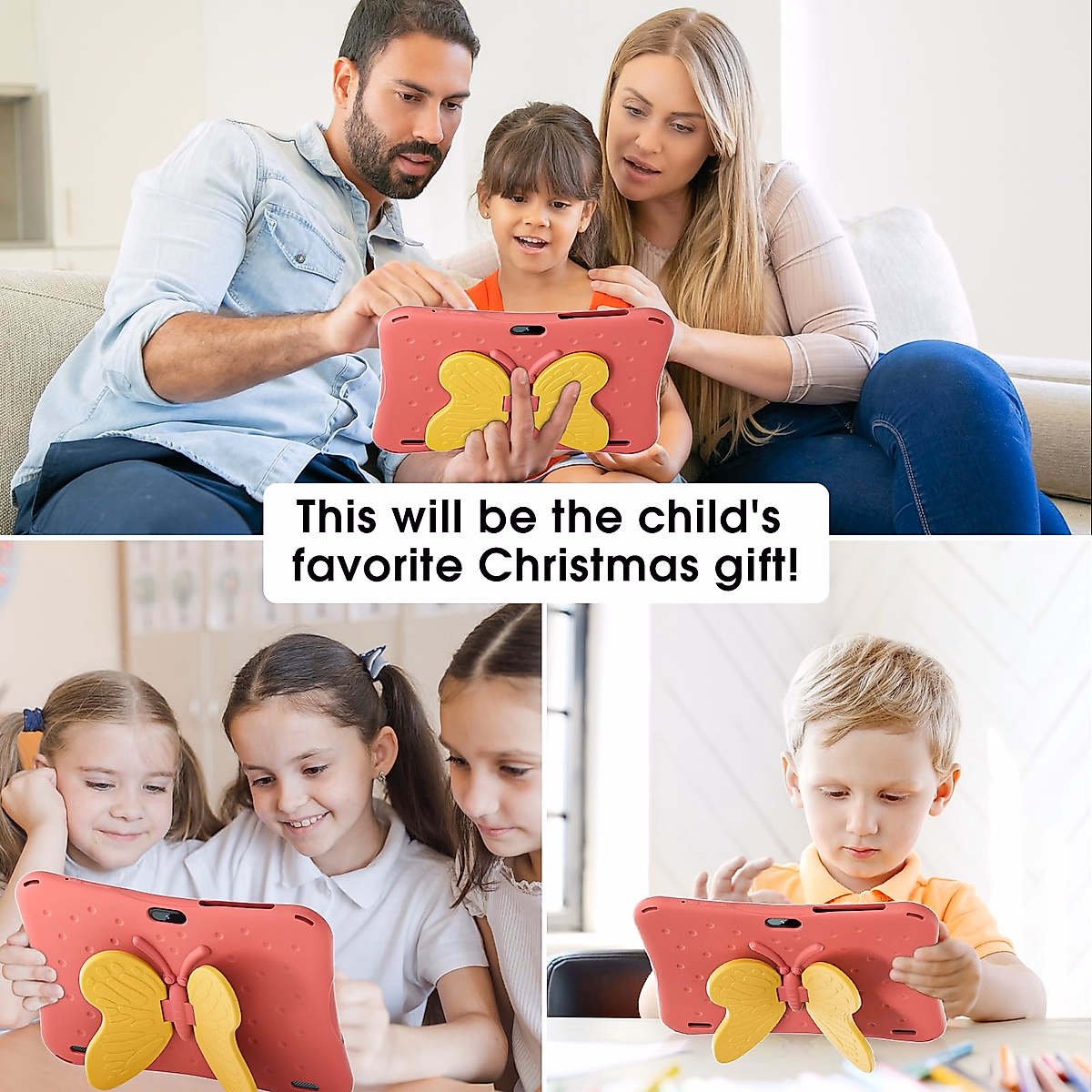 SGIN 10 Inch Tablet for Kids, Android 12 Kids Tablet with Kids Case, 2GB RAM 64GB ROM, 5000mAh, 1280 * 800 Display, Dual Camera, WiFi, Educational Games, Yellowish Butterfly Handle