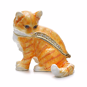 Vie jeune Hand Painted Enamel Cute Cat Trinket Box, Hinged Jewelry Box Unique Mini Ring Necklace Jewelry Organizer, Classical Bejeweled Storage, Figurine Collectible Keepsake Home Decor (Cat)
