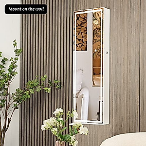 KEDLAN Jewelry Armoire Organizer, Lighted Full Length Mirror with Jewelry Cabinet,LED Wall/Door Mounted Jewelry Box for Women,Makeup Organizers and Storage with Magnetic Lock,White