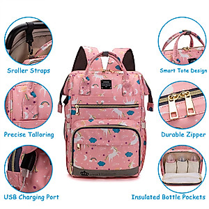 LEQUEEN Diaper Bag Backpack, Unicorn Multifunction Travel Back Pack Maternity Baby Changing Bags (Pink)