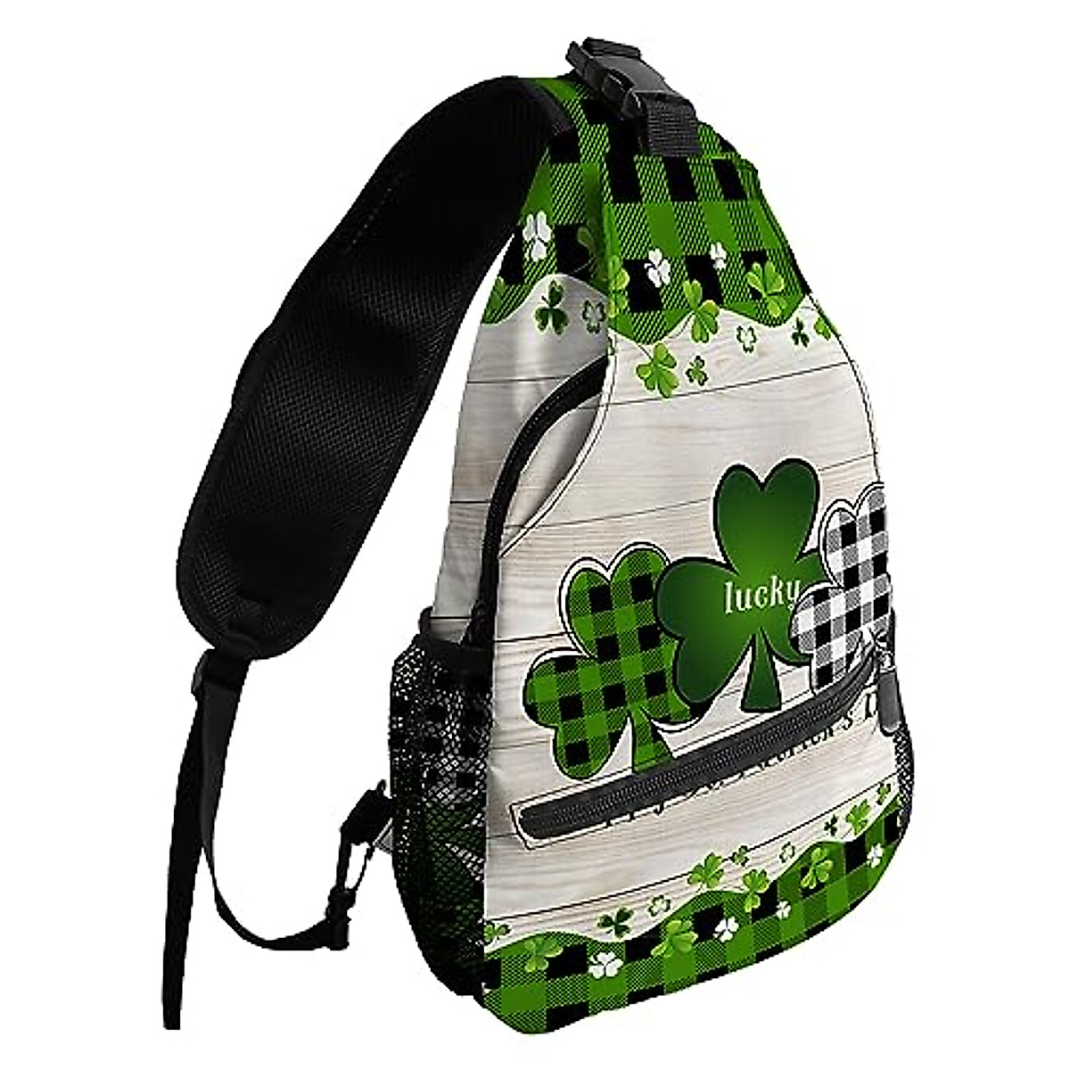 Sling Backpack, St. Patrick's Day Lucky Green Black Buffalo Plaid Shamrock Waterproof Lightweight Small Sling Bag, Travel Chest Bag Crossbody Shoulder Bag Hiking Daypack for Women Men