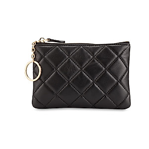DORIS&JACKY Soft Lambskin Leather Coin Purse Small Quilted RFID Blocking Top Zipper Wallet With Keychain (Black)