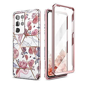 SURITCH Phone Case for Samsung Galaxy S21 Ultra 6.8 inches Slim Fit, Front Cover with Built-in Screen Protector Smooth Back Cover Full Body Protection Shockproof Bumper, Rose Marble
