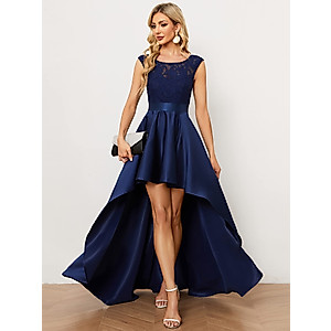 Ever-Pretty Women's Sleeveless Round Neck Asymmetry Hem Lace Satin Summer Wedding Guest Dresses Navy Blue US4