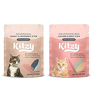 Amazon Brand - Kitzy Wet Cat Food, Variety Pack (Turkey & Vegetable/Chicken & Beef ) Stew Cuts in Gravy, Grain Free, 3 Oz Pouches (Pack of 24)
