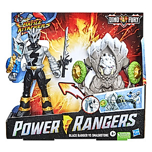 Power Rangers Dino Fury Battle Attackers 2-Pack Black Ranger vs. Smashstone Kicking Action Figure Toys, TV Inspired Accessory Ages 4 and Up