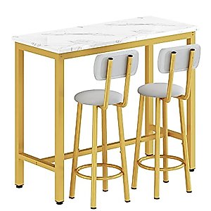 Lamerge Faux Marble Pub Height Table with 2 PU Upholstered Stools,3-Piece Kitchen Table and Chairs,Suit for Dining Room & Living Room & Breakfast Nook,Space Saving Set for 2,White & Gold & Grey,39.3"