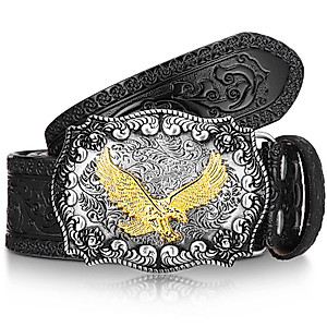 Photect Western Leather Buckle Belts Cowboy Animals Buckle Belt Embossed Cowboy Belts for Men, 1.5 Inch Wide (Black, 45.3 Inch)