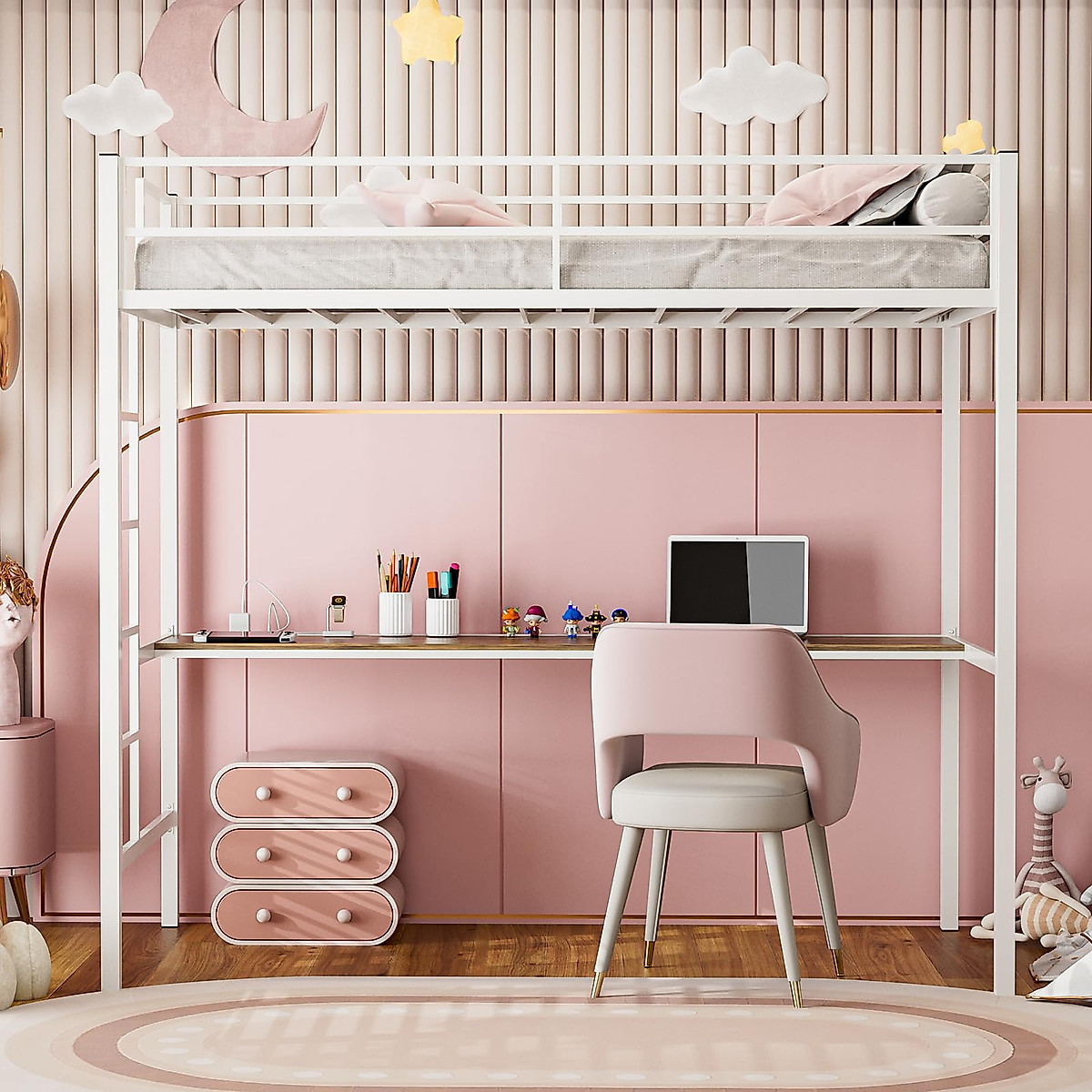 IKIFLY Metal Twin Size Loft Bed with Desk & Charging Station, Heavy Duty Loft Bed Frame with Safety Guard Rail and Ladder, Space-Saving Design, Noise Free, No Box Spring Needed - White