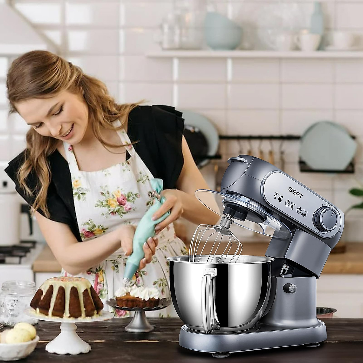 Stand Mixer, 6 QT 600W Tilt-Head Dough Mixer, 6+P speed Mixers Kitchen Electric Stand Mixer with Stainless Steel Bowl, Dishwasher-Safe Dough Hook, Flat Beater, Wire Whisk, Splash Guard, Grey